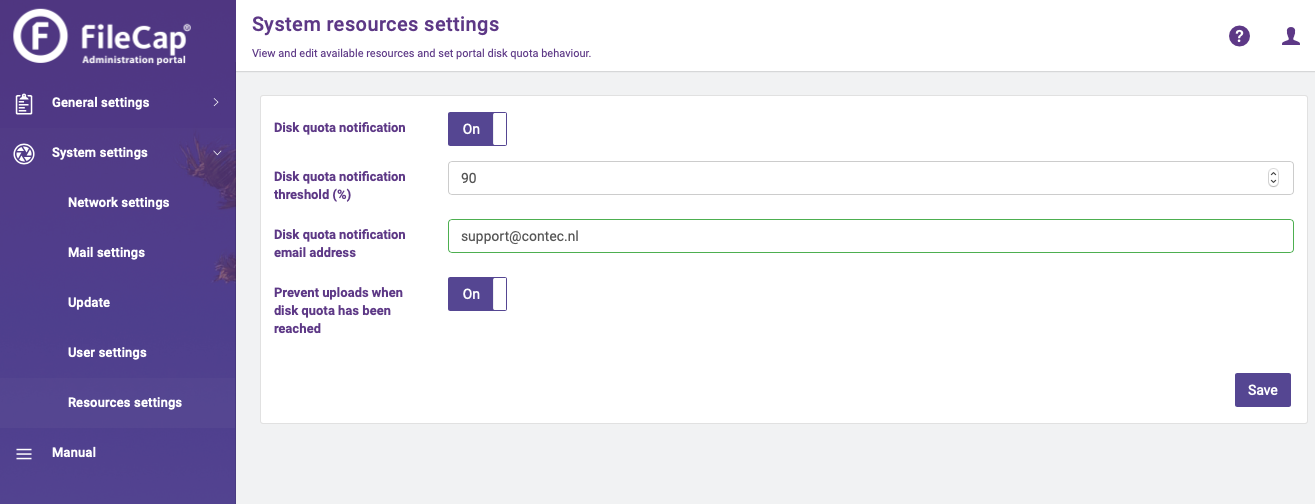System resources settings | FileCap