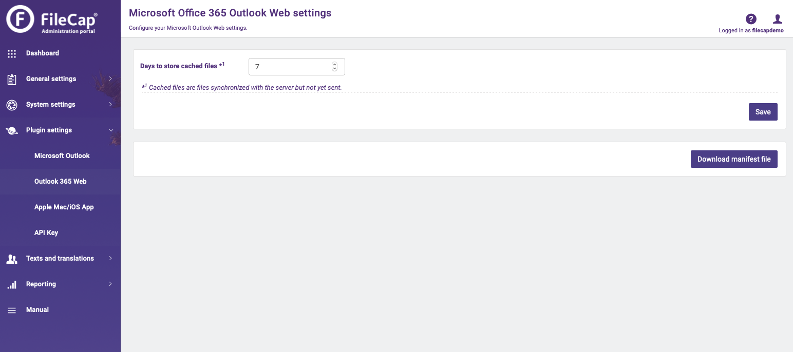 Plugin settings Office365 Web | FileCap