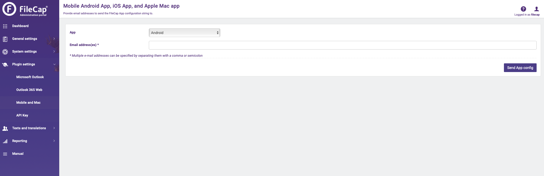 Plugin settings Mobile and Mac | FileCap