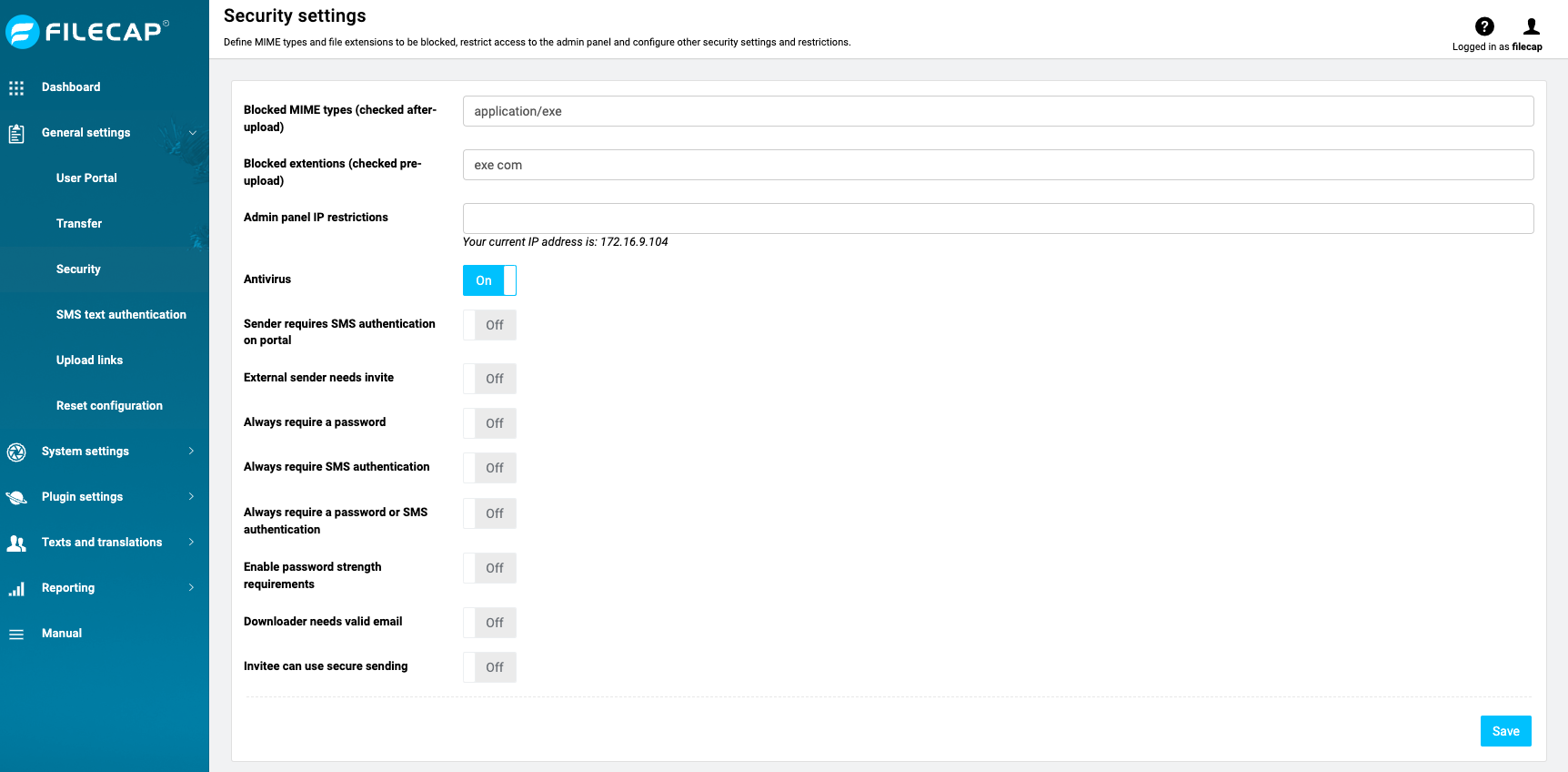 Security settings | FileCap