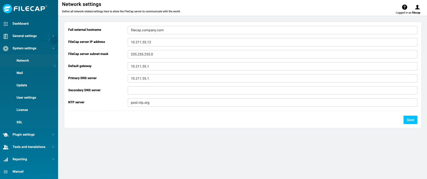 Network settings | FileCap