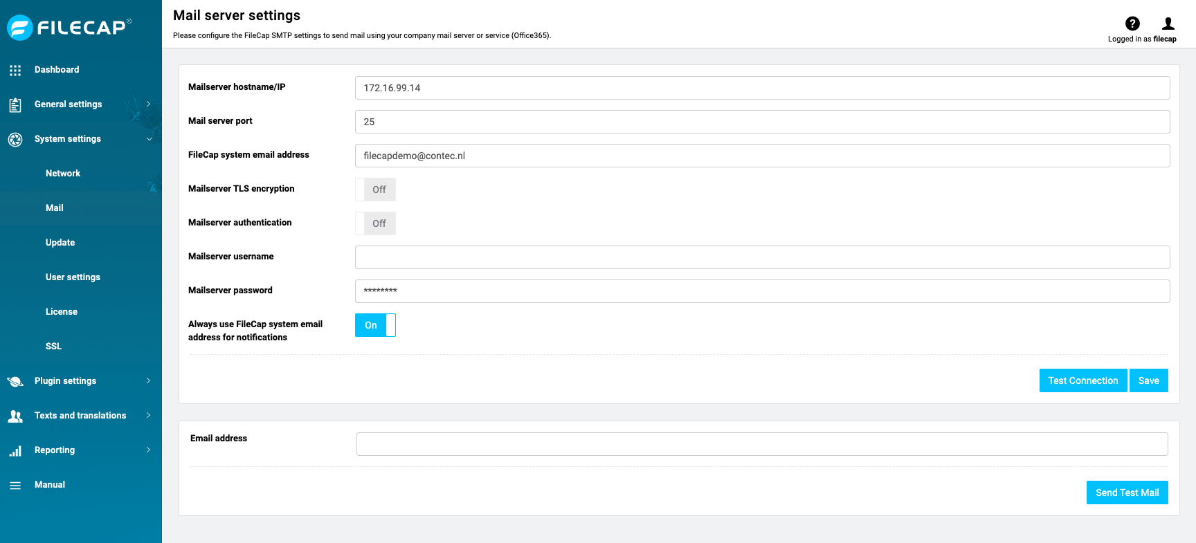 Mail settings | FileCap